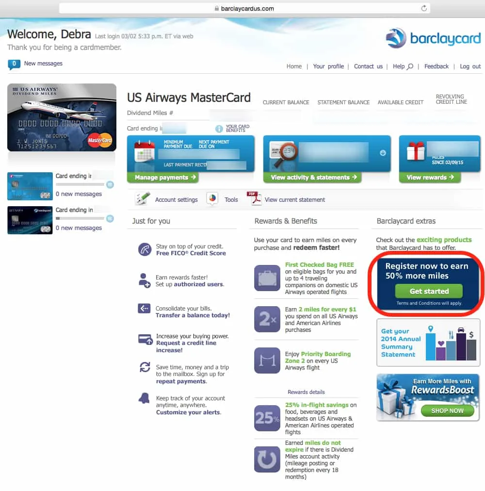 50% Bonus Miles on All Purchases With US Airways MasterCard